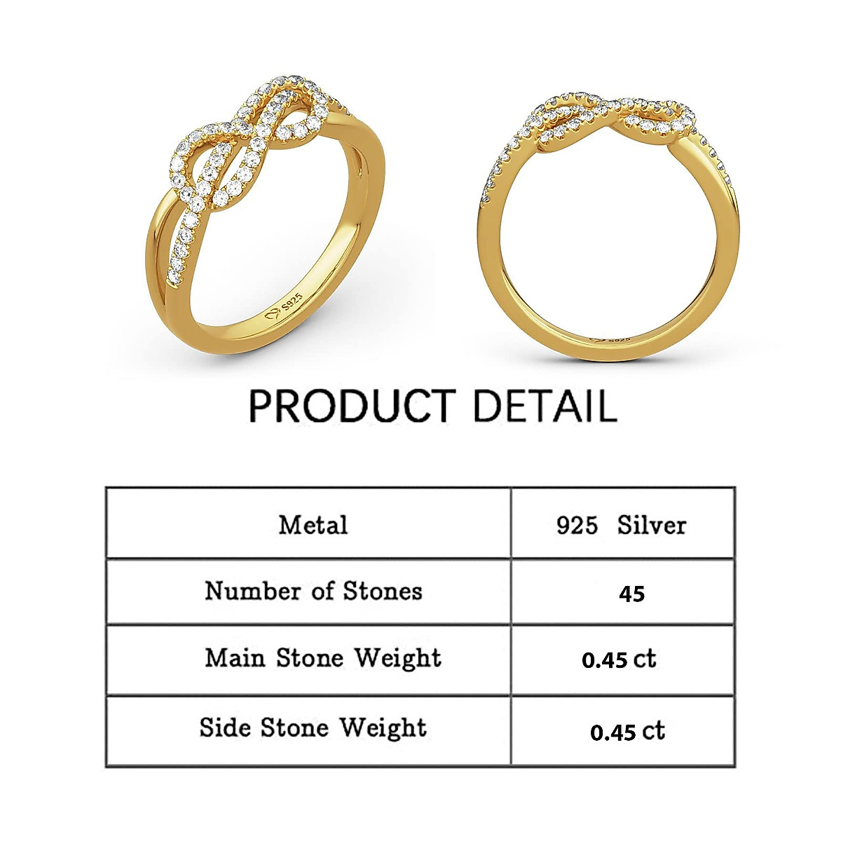 Jeulia Infinity Knot Design Sterling Silver Band for Engagement Anniversary Eternity Promise Wedding Band Ring Set With Jewelry Box (Yellow Gold, 7.5)