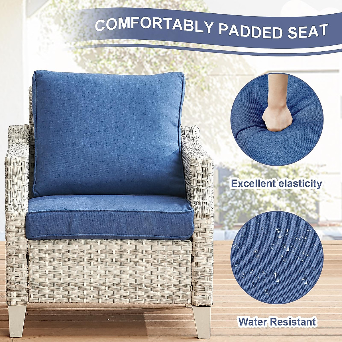 HUMMUH Outdoor Wicker Chairs Patio Dining Chairs Set of 2 PE Wicker Patio Chairs with High Back and Deep Seat, 4 inch Seat Cushions for Garden Porch Backyard (Mixed Grey/Blue)