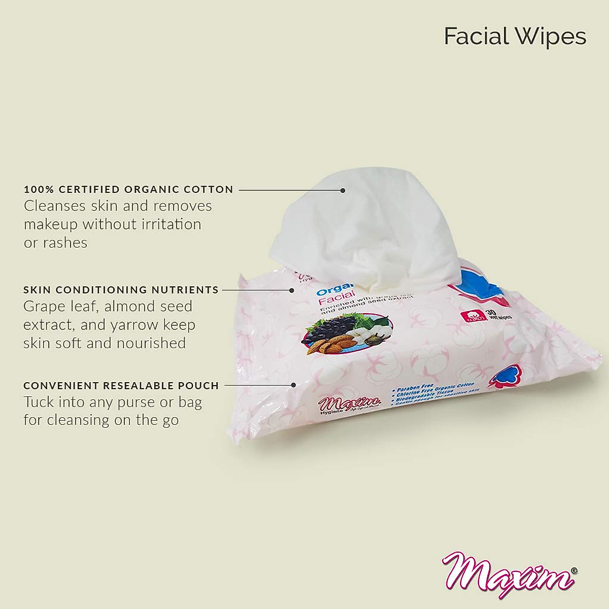 Maxim Facial Wipes, 100% Organic Cotton Face Wipes, 60ct, Moisturizing Makeup Remover Wipes Biodegradable Facial Wipes, Hypoallergenic Without Harsh Chemicals, 2 Packs of 30