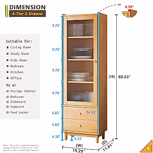 NELYE Wooden Glass Door Bookcase - 4-Tier Cube Bookshelf Storage Cabinet with Double Drawer and Adjustable Shelf, Solid Wood Legs Cupboard in Pear Yellow