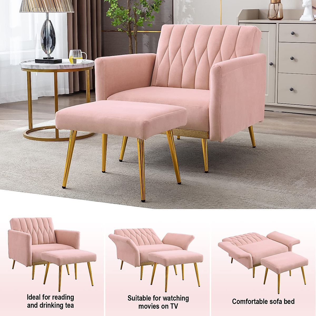 Modern Velvet Single Sofa Chair with Ottoman, Accent Living Room Chairs with Adjustable Armrests, Upholstered Tufted Lounge Chair for Home, Bedroom, Office (Pink)