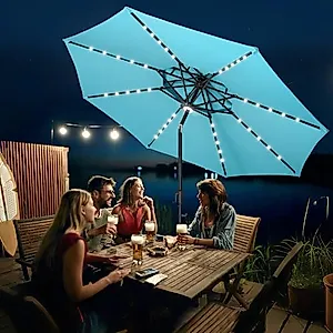 FLAME&SHADE 9 ft Double Top Solar Powered Outdoor Market Patio Table Umbrella with LED Lights and Tilt, Aqua Blue
