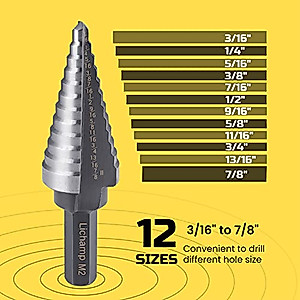 Lichamp Unibit Step Drill Bit for Metal, Genuine M2 Drill Stepper Bit for Hard Metal Heavy Duty, 12 Sizes from 3/16" to 7/8", Dual Straight Grooved with Hex Drive, A3BK