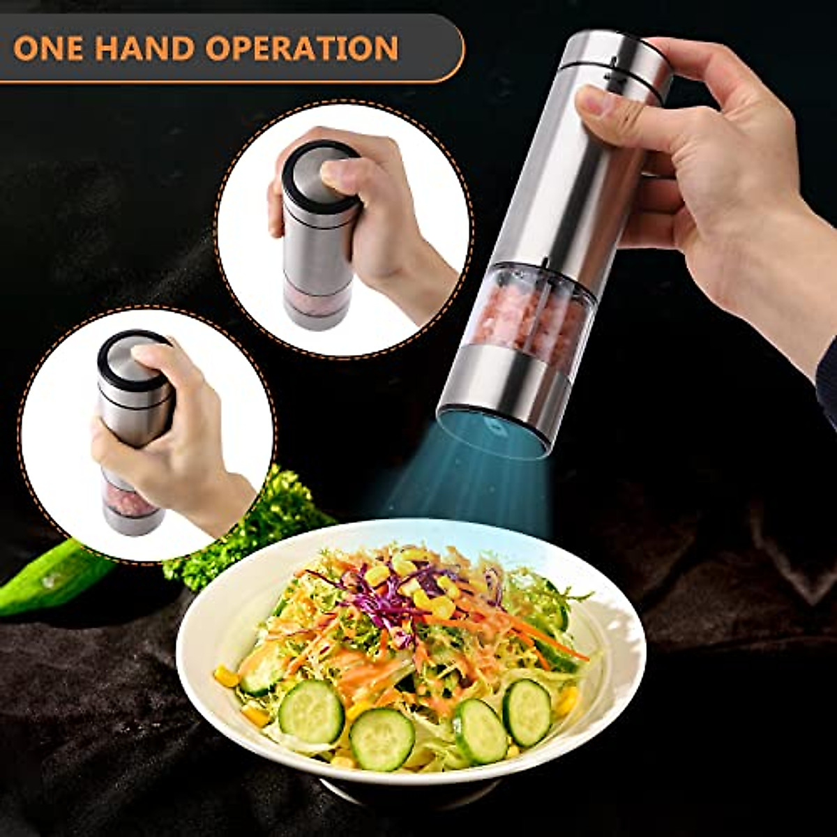 ImgResire Electric Salt and Pepper Grinder Set Battery Operated| Stainless Steel Auto Pepper Mill Grinder Refillable| One Hand Operation| LED Light| Adjustable Coarseness| 2 Pack