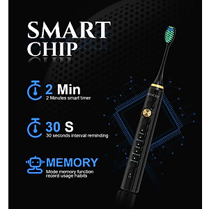 IntoCozy Sonic Electric Toothbrush Whitening Toothbrush with 2 Indicator Brush Heads for Adults and Teenagers, Wireless Charging, 5 Modes with Smart Timer, IPX7 Waterproof(Black)