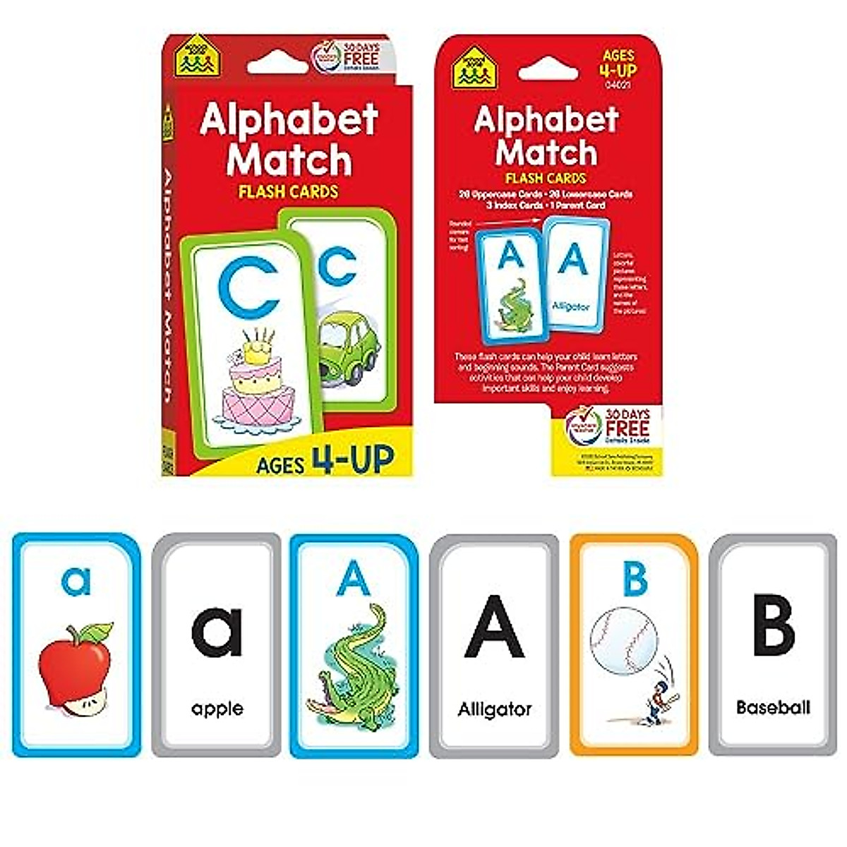 School Zone - Alphabet 4-Pack Flash Cards - Ages 3+, Preschool, Kindergarten, Go Fish Alphabet, Three-Letter Words, Alphabet Match, Lowercase & Uppercase Letters, Letter-Picture Recognition, and More