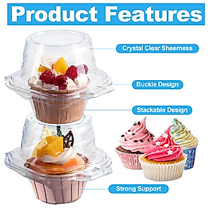 Vyndicca 100Pack Individual Cupcake Containers,Disposable Clear Plastic Cupcake Holders,Stackable Single Compartment Cupcake Carrier With Connected Airtight Deep Dome Lid for Cake Muffins,BPA Free