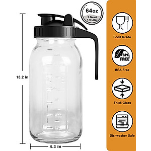 64 oz Mason Jar Pour Spout, 2 Quart Glass Water Pitcher with Lid, Airtight Seal for Great for Iced Tea,Juice,Milk,Coffee,Sun Lemonade, Set of 1(Black)