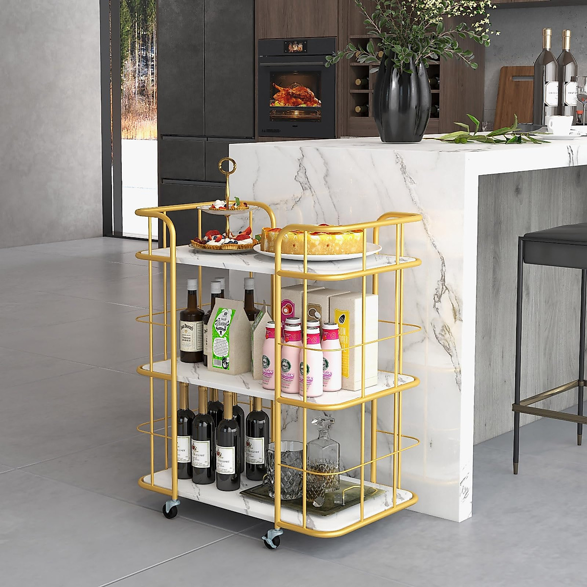 Giantex Gold Bar Cart, Home Island Service Cart, 3 Tier Storage Shelves with Guardrail, Imitation Marble Top, Kitchen Utility Trolley on Wheel Lockable for Dining Room Wine Coffee Bar White (1)