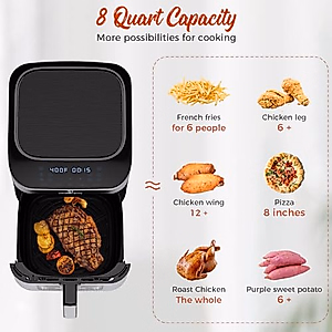 Air Fryer 8 Qt Large Size With Clear Window, 8 Presets, 3 Special Features Turn Reminder, Preheat, Light, True One-touch Panel, 360° Turbo Airflow Tech, Nonstick Basket,Stainless Steel