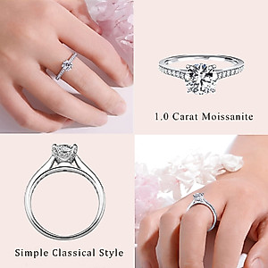JINAO 1.0 Carat Classical Moissanite Iced Out Prong Ring Platinum Plated Sterling Silver Round Cut Solitaire Ring Engagement Promise Wedding Eternity Band for Women(Platinum,7)