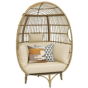 DWVO Outdoor Rotating Egg Chair, Patio Swivel Chair Oversized, 370lb Capacity, Anti-Slip, All-Weather Wicker Egg Lounger Chair for Indoor, Outside (Beige)
