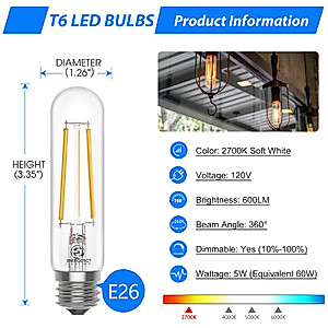 Energetic E12 LED Bulb 5 Watt (60 Watt Equivalent) Candelabra Dimmable Chandelier Light Bulbs Soft White 2700K T6 Vintage Filament Edison Candle Bulb, 6 Pack