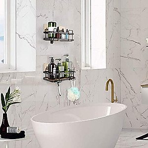 Keebofly Shower Caddy Bathroom Shower Organizer Shelf with Hooks,2 Pack,Shower Rack Self Adhesive Hanging,Rustproof Bamboo Basket,No Drilling Shower Storage Holder for Bathroom Shower Kitchen Black