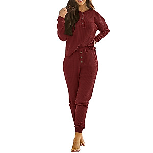 PRETTYGARDEN Women's 2 Piece Waffle Knit Lounge Outfit Long Sleeve Henley Top and Sweatpants Set Tracksuit (Wine Red,Medium)