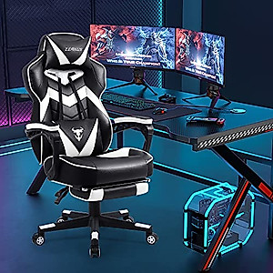 Zeanus Ergonomic Gaming Computer Chair, Recliner Computer Chair with Footrest, Office Gamer Chair with Massage, Big and Tall Racing Chair, Gaming Chairs for Adults, High Back Gaming Desk Chair White