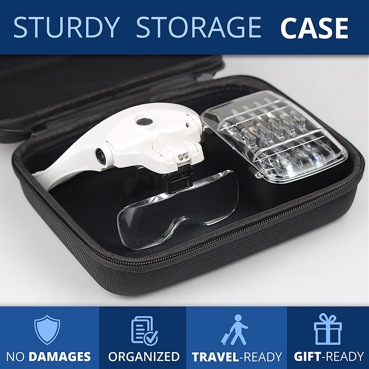 Vision Aid Magnifying Glasses with LED Light, 5 Lenses, Headband, Storage Case | Hands Free Lighted Head Mount Magnifier for Hobby Crafts Macular Degeneration Cross Stitch Diamond Painting Close Work