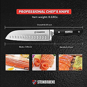STEINBRÜCKE Santoku Knife Kitchen Knife 7 Inch Razor Sharp Chef Knife From German Stainless Steel, Cooking Knife with Full Tang and Ergonomic Handle for Meat, Vegetables and Fruits