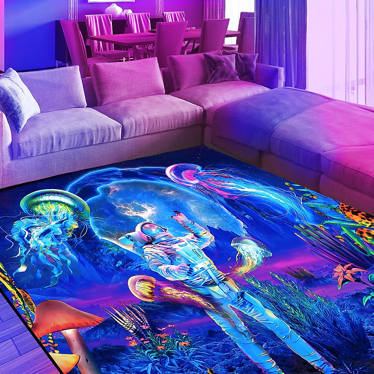 EISKBC Blacklight Astronaut Area Rug, Large Neon UV Reactive Kids Rug, Non-Slip Fluorescent Luminous Floor Mat Carpet, Glow in The Dark Plants Jellyfish Galaxy Space Bed Room Decor 70x47inch