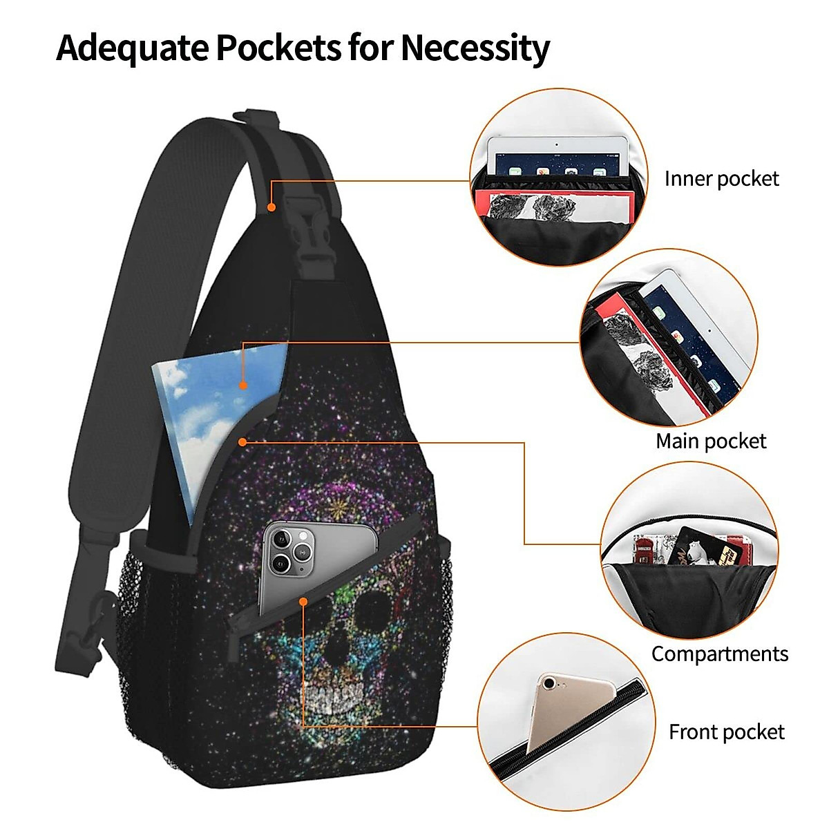 FBCAL Skull And Rose Chest Bags Crossbody Sling Backpack Travel Hiking Daypack for Women Men Shoulder Bag
