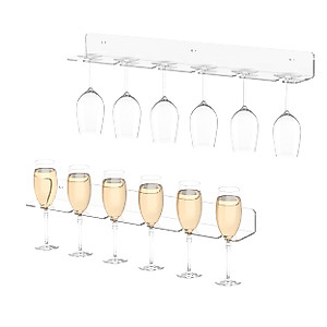 Hexsonhoma Champagne Wall Holer for Party 50, Clear Acrylic Wall Mounted Wine Glass Holder, Under Cabinet Wine Glass Holder Rack (6 Glasses 2 Pack)