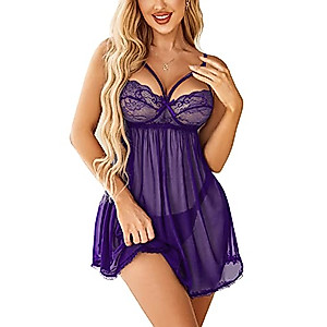 Avidlove Women Lingerie Babydoll Lace Chemise Sexy Bridal Nightgown Ruffle Sleepwear,Purple,Large