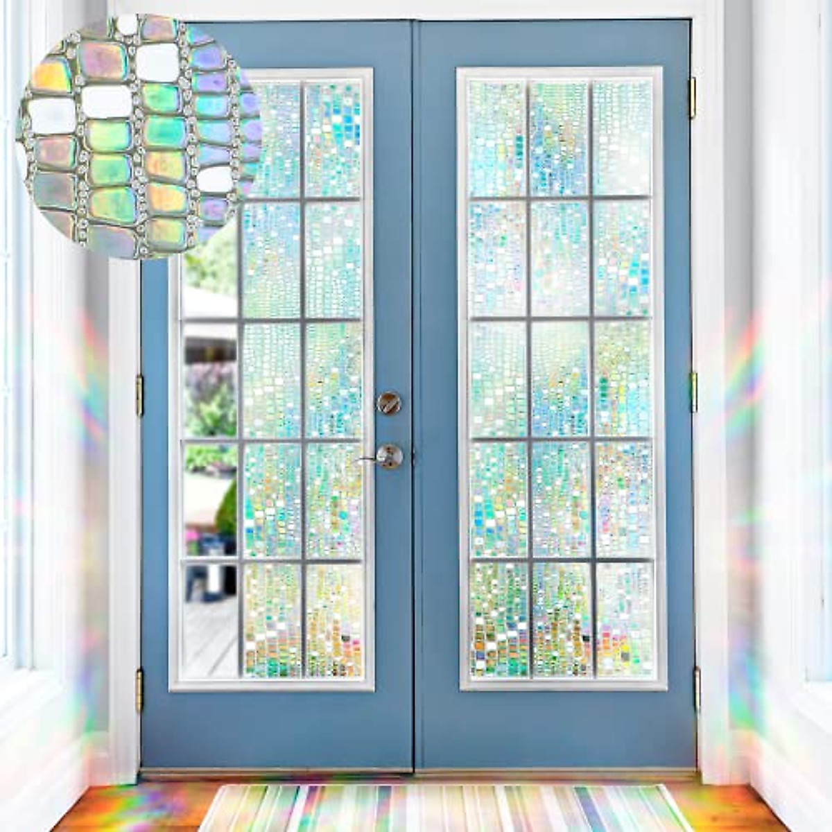 Windimiley Window Privacy Film Stained Glass Rainbow Clings: Window Tinting Film for Home Bathroom UV Blocking 3D Decorative Static Sticker Non Adhesive Vinyl Door Covering (17.5 x 78.7 Inch, Pure)