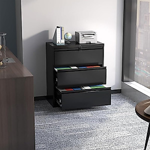 AOBABO 3 Drawer Lateral Steel File Organizing Cabinet with Locking System and Adjustbale Hanging Bars for Letter/Legal Size Paper, Black