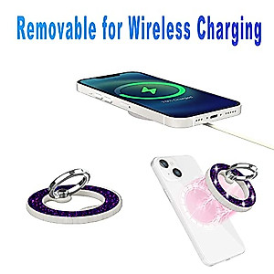 ROMSEA Magnetic Phone Ring Holder Stand, Adjustable Finger Ring Grip Collapsible Kickstand Compatible with for iPhone 14 13 12 Mag Safe Case Removable for Wireless Charging, Purple
