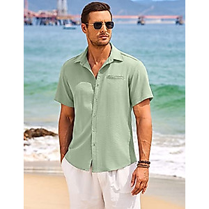 COOFANDY Mens Casual Short Sleeve Button Shirts Regular Fit Linen Shirt Lightweight Summer Tropical Shirts for Men Green