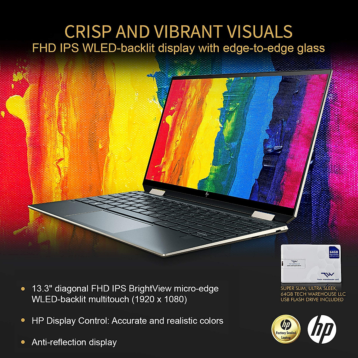 HP Spectre x360 GEM Cut 13.3" FHD Touch Laptop, Intel i7-1065G7, 16GB RAM, 1TB SSD, Bang & Olufsen, Fingerprint Reader, Stylus, Nightfall Black, Win 10 Pro, 64GB TechWarehouse Flash Drive