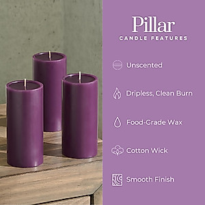Simply Soson 3x6 inch Purple Pillar Candles Set of 3, Smooth Texture, Unscented Purple Candles, Dripless Candles, 3 inch Pillar Candles Ideal as Wedding, Parties, Spas, Dinner, Home Decoration, Church
