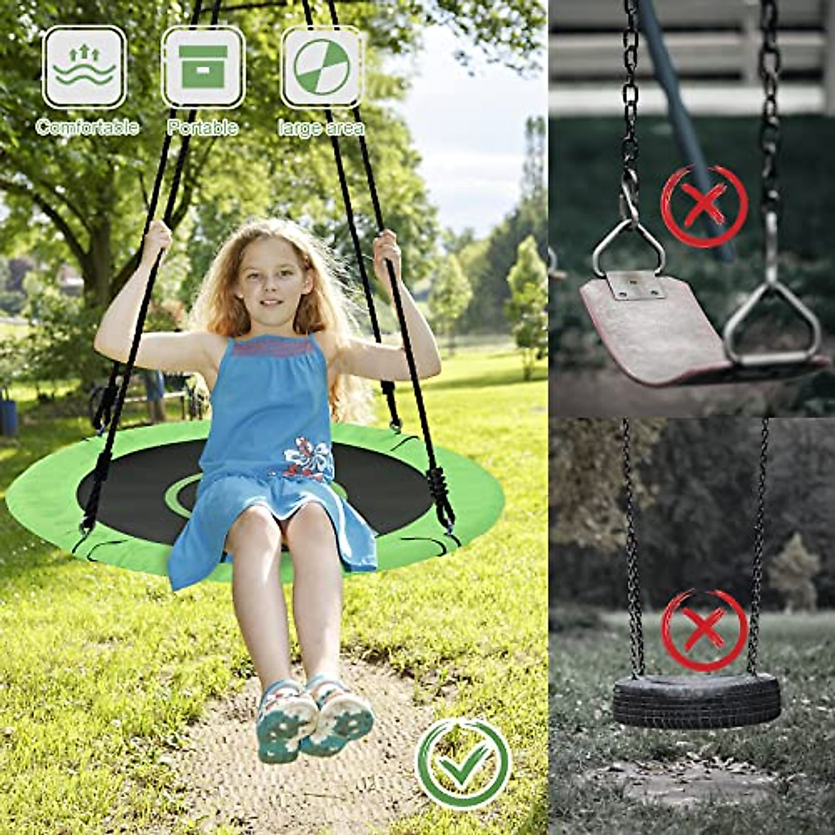 Tree Swings for Kids Outdoor, 40 Inch Diameter 600lb Weight & Adjustable Hanging Ropes Tree Swings, Great for Playground Swing, Backyard and Playroom(Green)