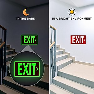 EXIT Sign - Glow In The Dark Photoluminescent EXIT Sign- 12"x7" Red With Adhesive Backing and Removable Directional Arrows Waterproof, Fade Resistant,4-Pack Exit Signs for Business