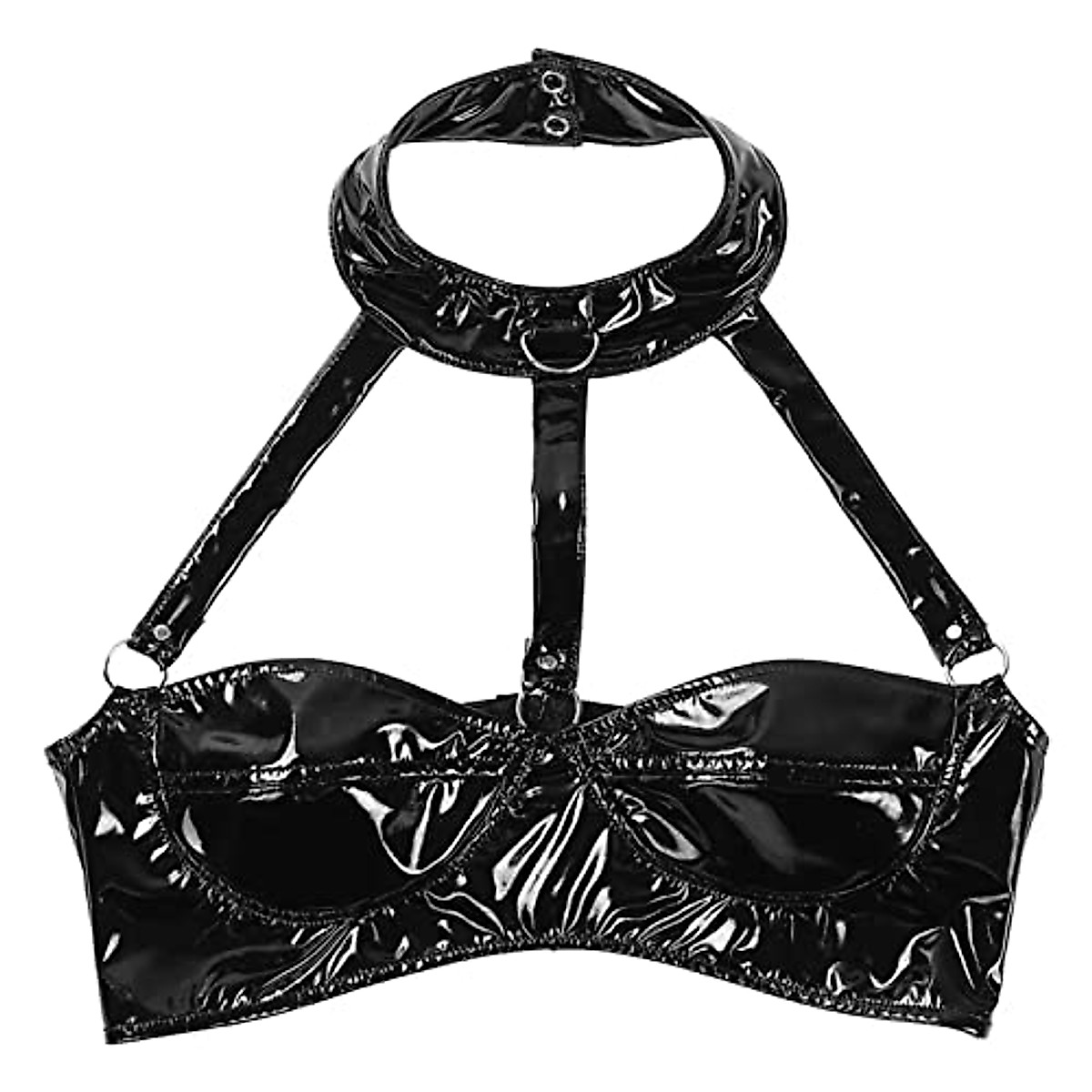 FEOYA Black Shiny Metallic Crop Tops for Women Sexy Wet Look PVC Latex Bra Large