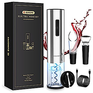 EUHOMY Electric Wine Opener with USB Charging,Reusable Stainless Steel Cordless Electric Wine Bottle Opener SET with 2-in-1 Aerator &Pourer, Foil Cutter, Vacuum Preservation Stoppers