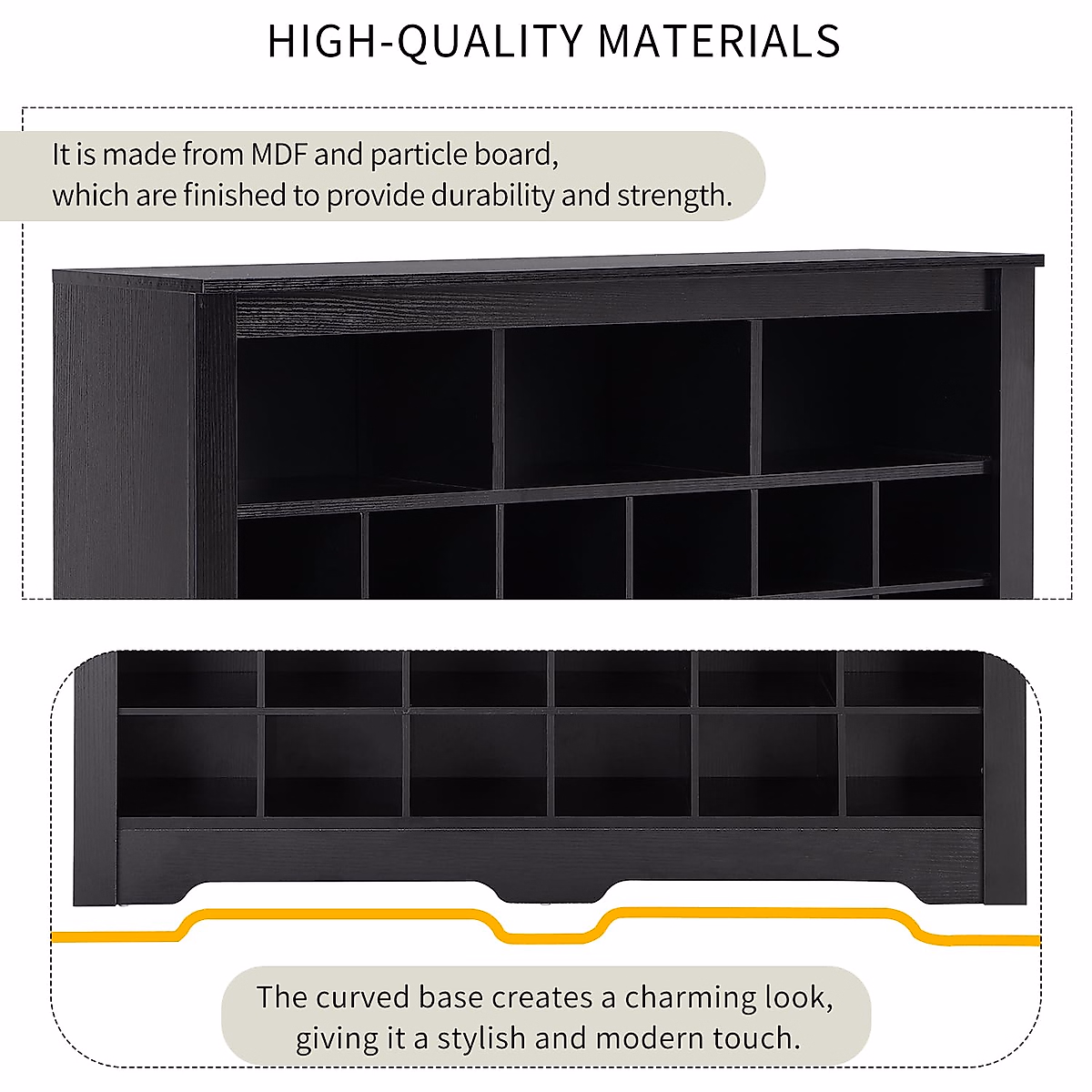 Linique 24 Shoe Cubby Console,Modern Shoe Cabinet Storage with Curved Base,Versatile Sideboard Shoe Organizer for Hallway,Bedroom,Living Room,Black