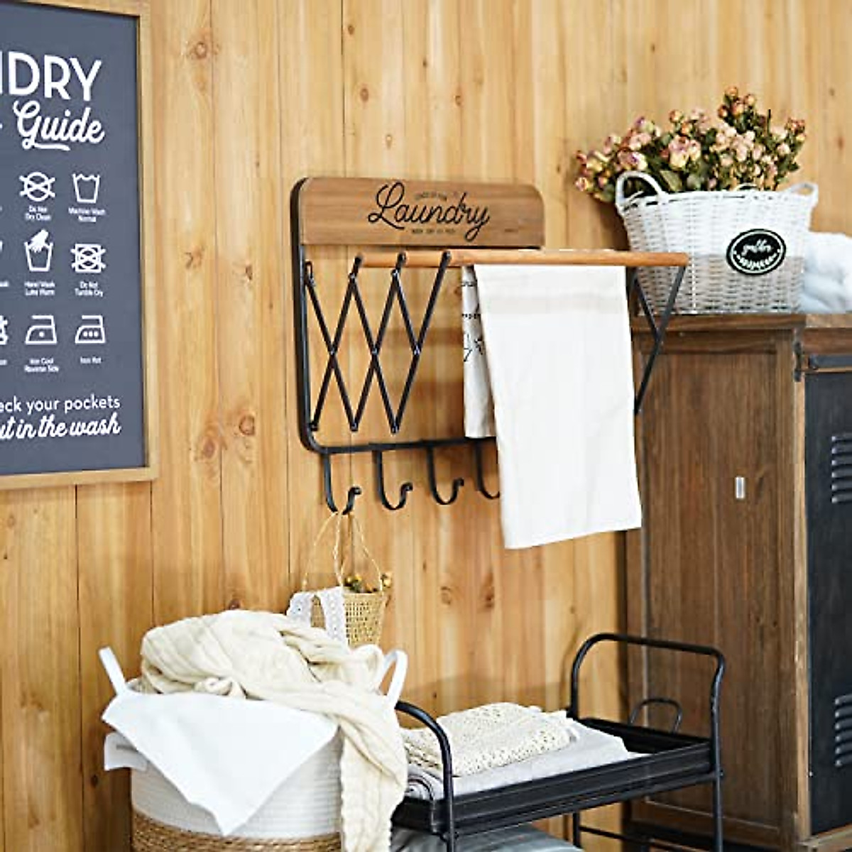 SOFFEE DESIGN Accordion Laundry Rack, Retractable Wall Mounted Racks, 3 Bars & 5 Hooks for Drying Rack Hanging Towels Clothes Save Space Perfect for Laundry Room, Bathroom, Mudroom, Wall Decor