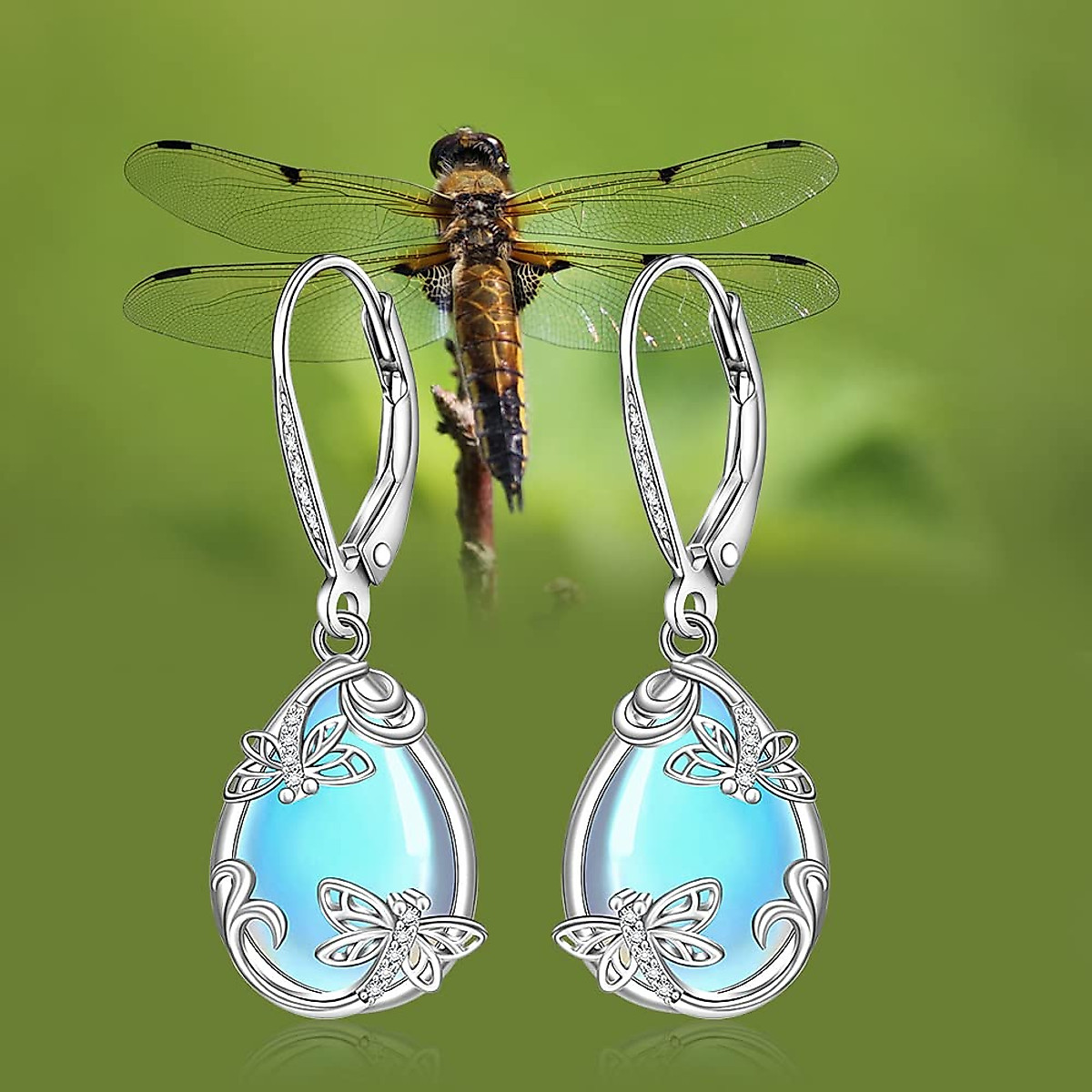 Dragonfly Moonstone Earrings for Women Filigree Earrings Teardrop Lever Back S925 Sterling Silver Moonstone Jewelry