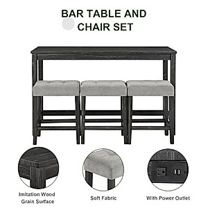 YWUFUART 60'' Industrial Black Solid Wood Bar Table Set with Power Outlet and 3 Grey Chairs for Living Room Dining Room Game Room