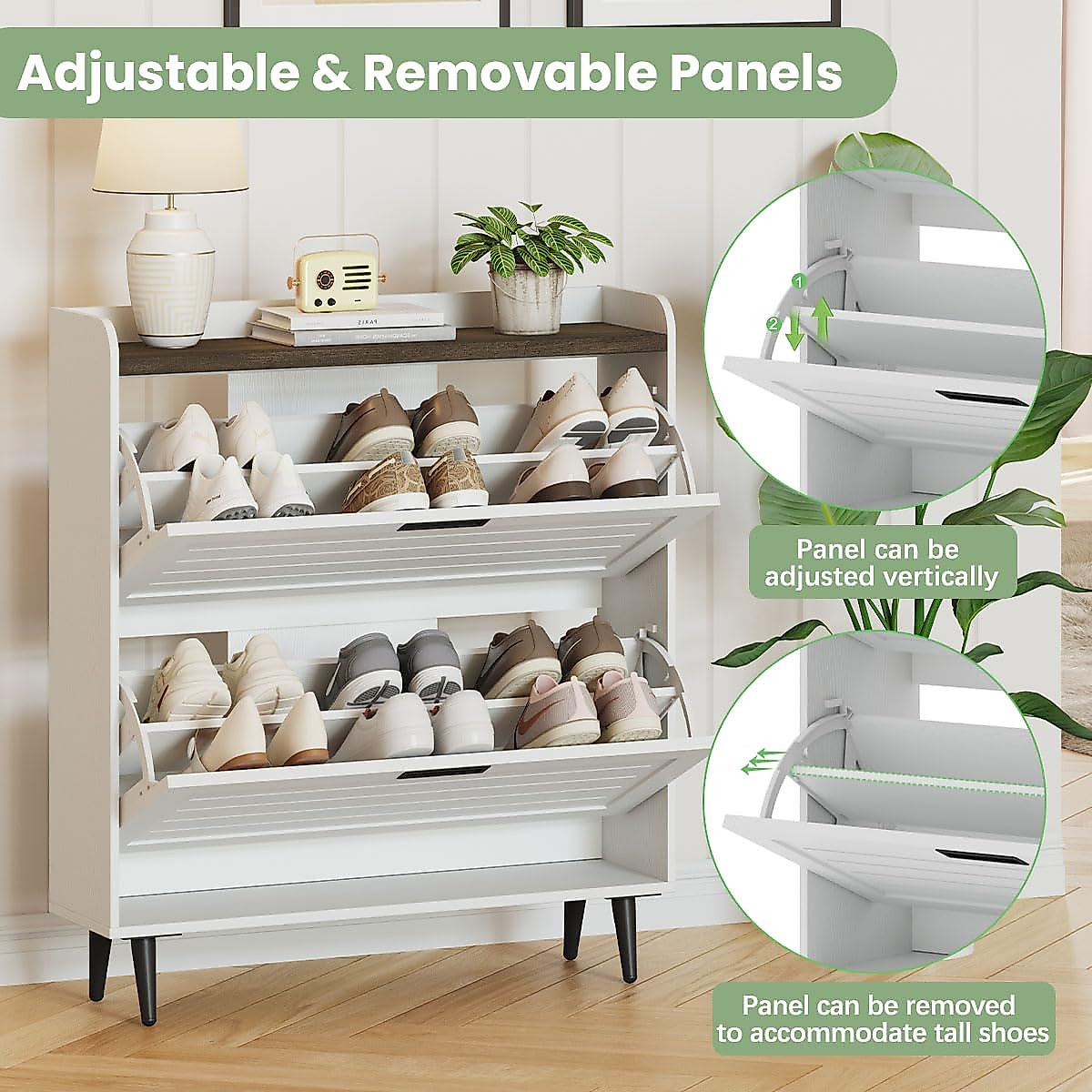 FATORRI Shoe Cabinet with 2 Flip Drawers, Wooden Shoe Storage for Entryway, Modern Narrow Shoe Rack Organizer with Metal Legs for Hallway (Walnut Brown+White Oak)