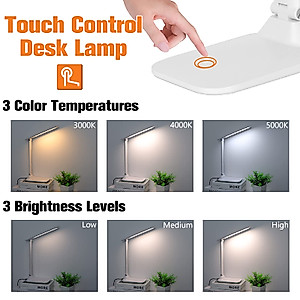 AVV LED Desk Lamp, Desk Lamps for Home Office, Dimmable Eye-Caring Desk Light with 3 Color Modes, Touch Control Adjustable Table Office Lamp, Foldable Desk Lamp with Adapter, White