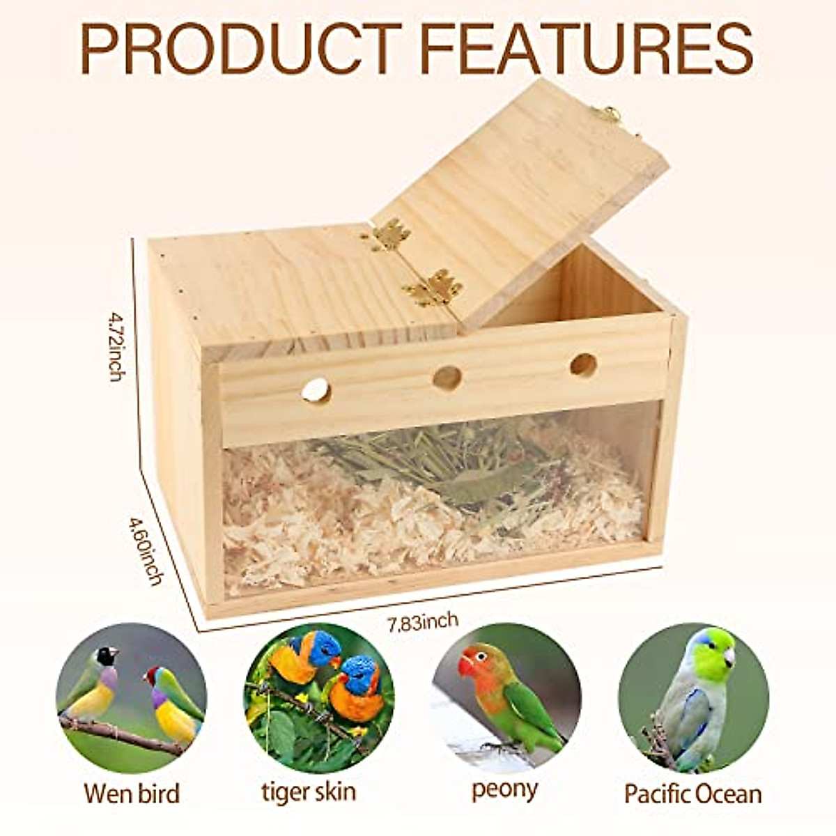 Parakeet Nesting Box Bird Breeding with Perch Wooden Bird House for Cage with Transparent Window for Small Birds Cockatiel Lovebirds(7.8Inch x 4.6Inch x 4.7Inch)