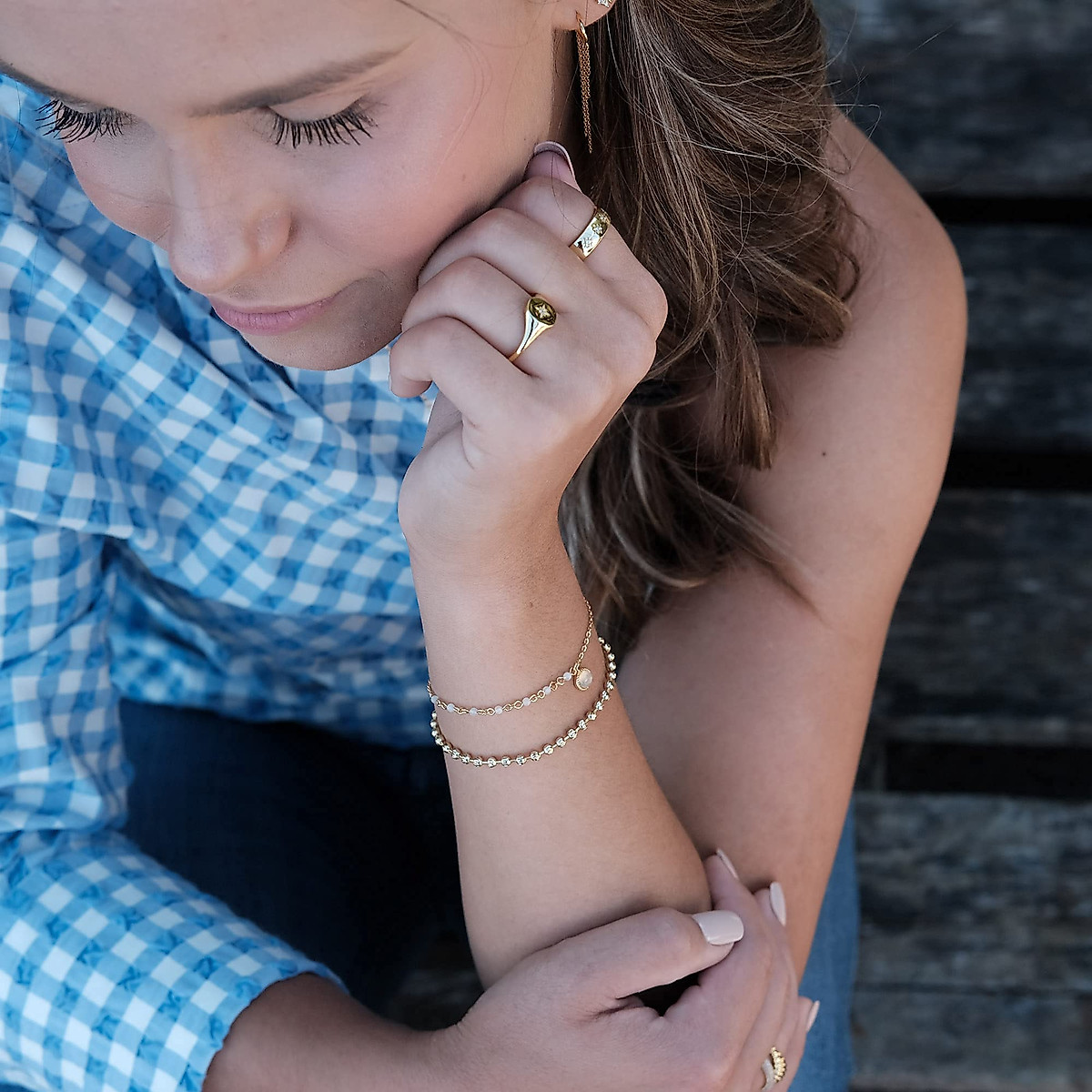 BLOSSOM & HUE Womens Signet Ring | Star Set North Star Polaris | Thin Band Statement - Ring 18K Gold Plated | Size 8 |