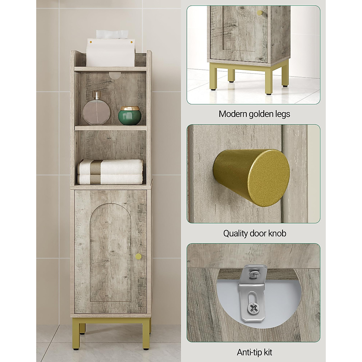 Hzuaneri Bathroom Storage Cabinet, Small Corner Floor Cabinet with Door and Shelves, Narrow Toilet Paper Cabinet, Bathroom Organizer with Adjustable Shelf, for Small Spaces, Greige BC38205G