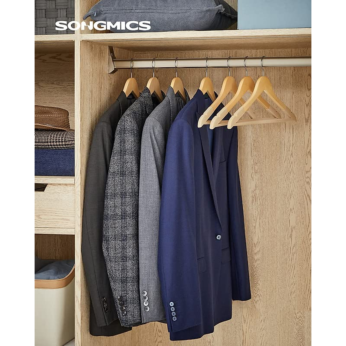 SONGMICS Velvet Wooden Hangers, Set of 20 Wooden Hangers with Velvet Surface, Non-Slip Coat Hangers with Shoulder Grooves, Pants Bar, 360° Swivel Hook, for Jackets Shirts, Natural UCRW012N02