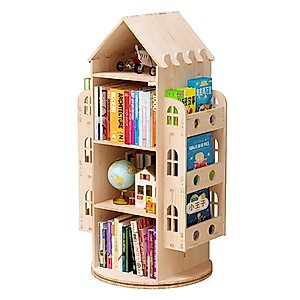 Bear Qiaqia Rotating Bookshelf, Kids Bookshelf, 360 Display Floor Standing Bookcase Storage Rack Children's Bookshelf, Wood Storage Organizer for Kids