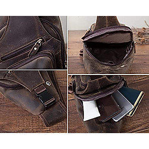 Le'aokuu Men Fashion Casual Tea Designer Travel Hiking Crossbody Chest Sling Bag Rig One Shoulder Strap Bag Men Leather Backpack 8015 (Brown)