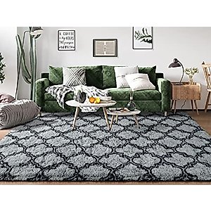 Keeko 6x9 Large Living Room Area Rug, Grey and Black Fluffy Fuzzy Rug Rugs for Living Room Bedroom Modern Indoor Carpet Geometric Shaggy Area Rug for Nursery Kids Farmhouse Dorm Classroom Decor