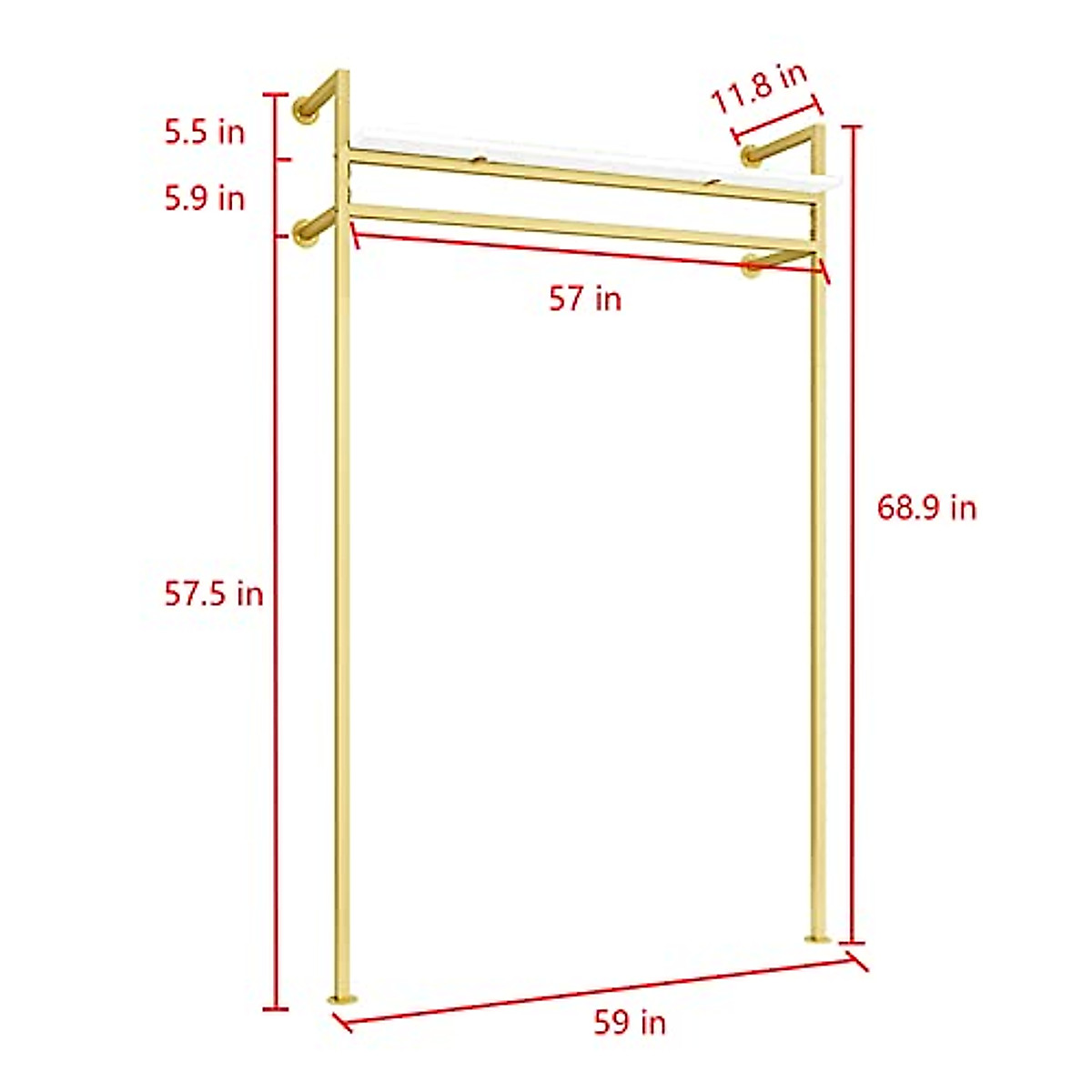 MDEPYCO Modern Simple Square Tube Hanging Rods Clothing Rack,Retail Display Wall Mounted Storage Clothes Hanging Shelf,1 Tier Metal Garment Rack (59" L, Gold A)